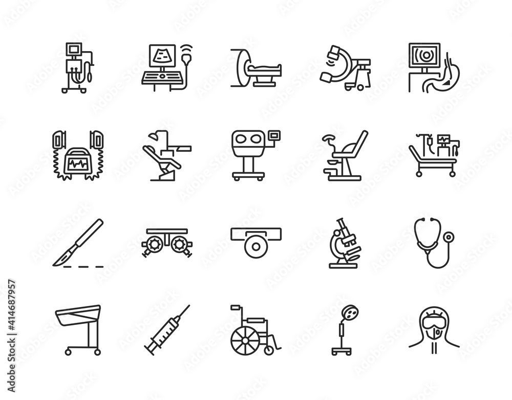 Medical examination equipment flat line icon set. Vector illustration ...