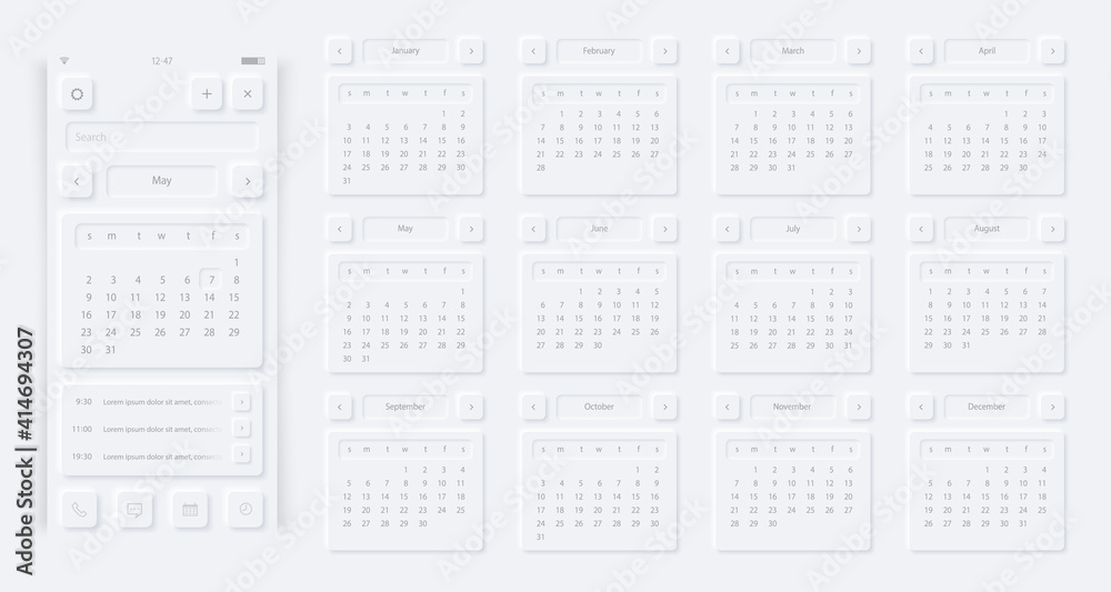 Neumorphism style calendar. Modern website or mobile app design. 2021 ...