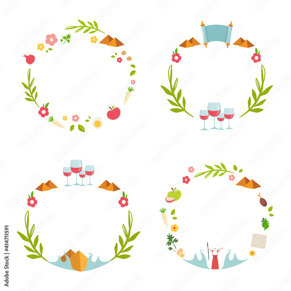 Pesah celebration greeting border set. Jewish Passover holiday cards ...