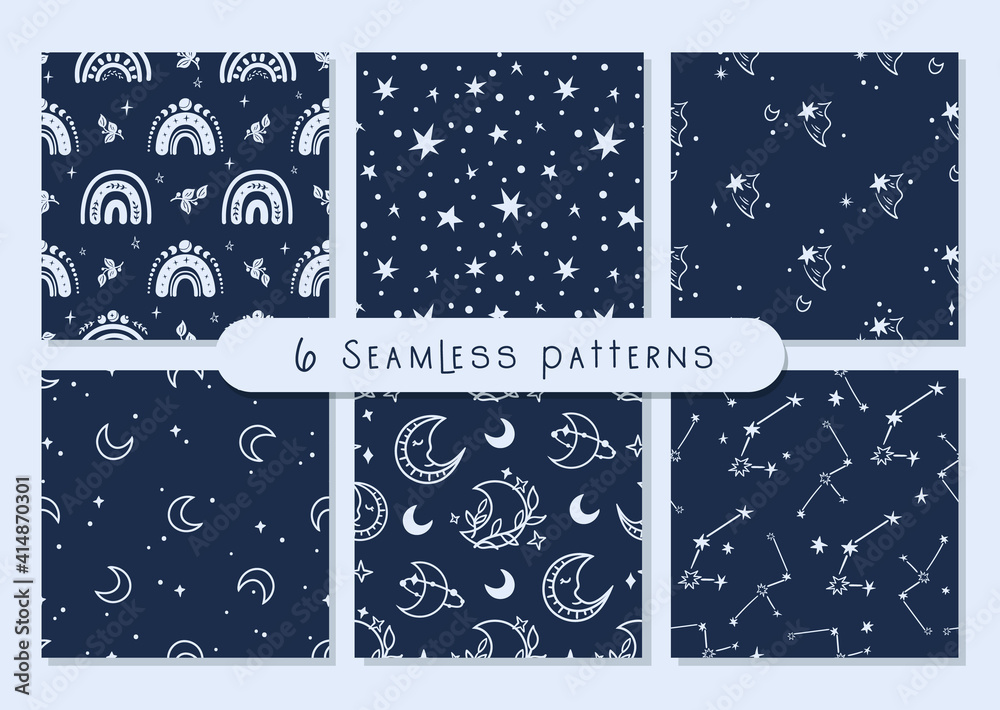 Celestial black and white moon, rainbow, stars seamless pattern bundle ...