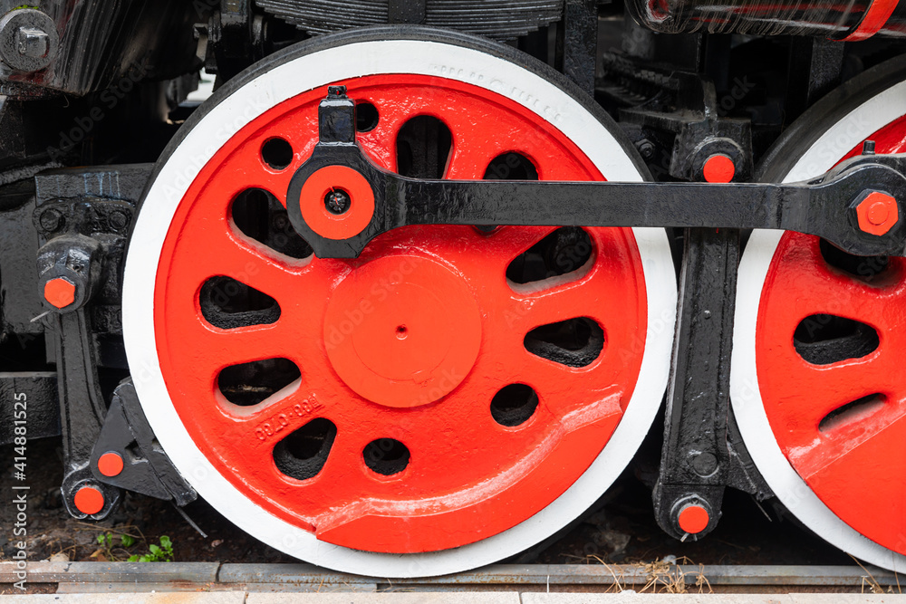 Foto de Stock Wheels at engine of a historic, old stream train at ...