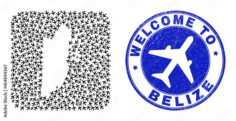 Vector collage Belize map of airline items and grunge Welcome stamp ...
