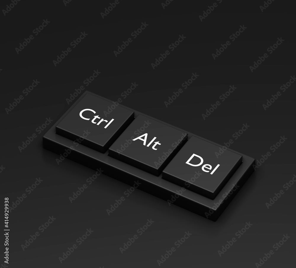 3d rendering, Closeup pressing control + alt + del shortcut on a black desktop wireless computer ...