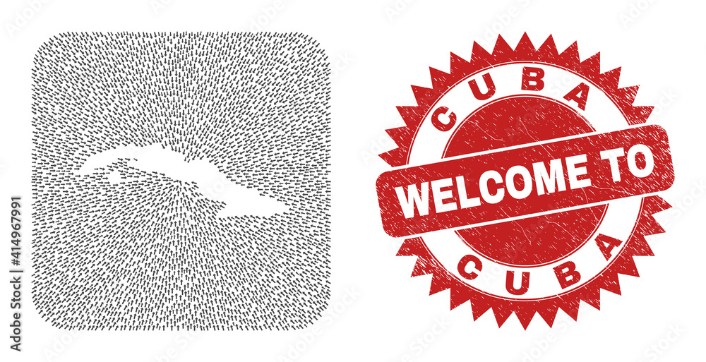 Vector mosaic Cuba map of motion arrows and scratched Welcome seal ...
