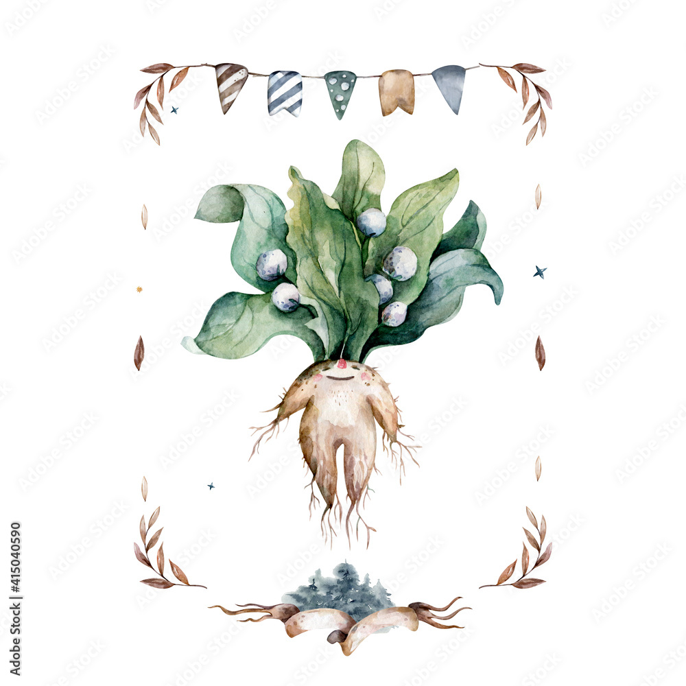 Cute mandrake roots. Magic plants. Watercolor isolated cartoon ...