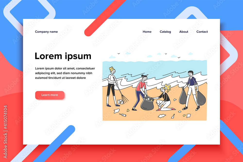 Young volunteers sorting litter on beach. People with rakes and plastic ...