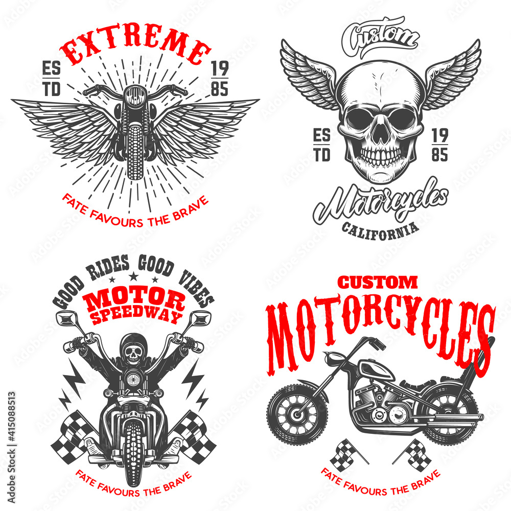 Set of the racer emblems. Winged racer skull, motorcycle, biker ...