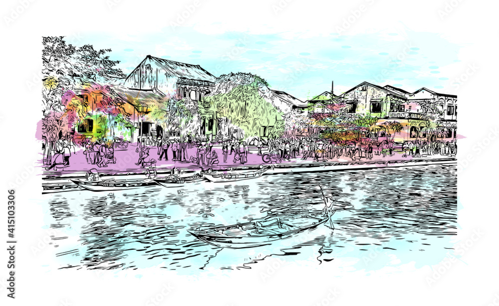 Building view with landmark of Hoi An is a city on Vietnam. Watercolour ...