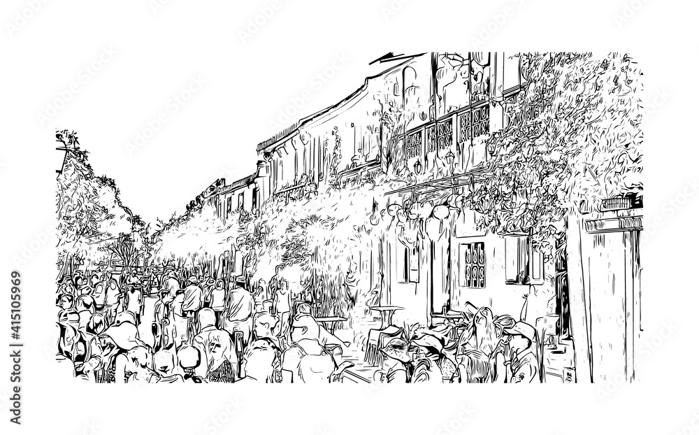 Building view with landmark of Hoi An is a city on Vietnam. Hand drawn ...