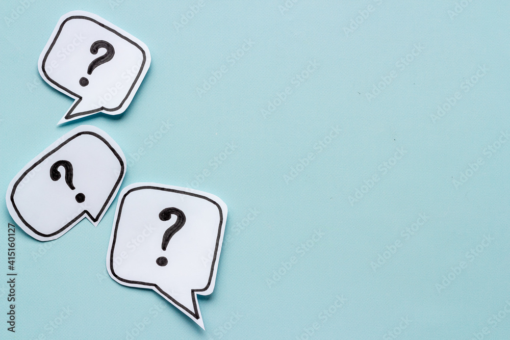Ask question concept. Question mark on speech bubbles, top view Stock ...