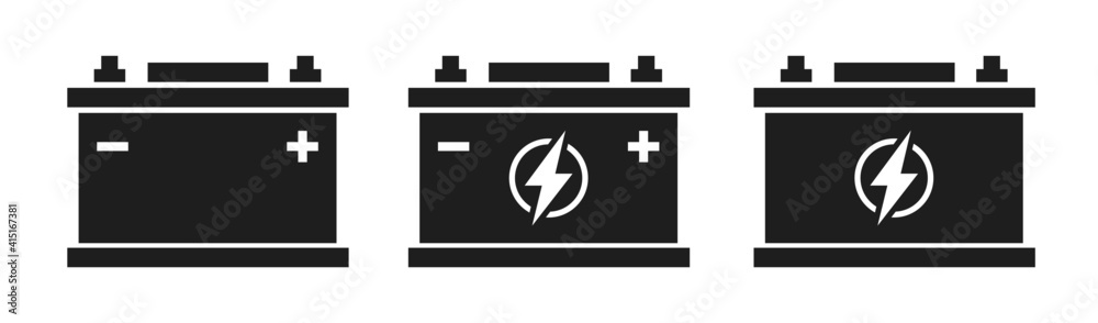 Car battery icon set. Auto battery symbol on white background. Energy ...