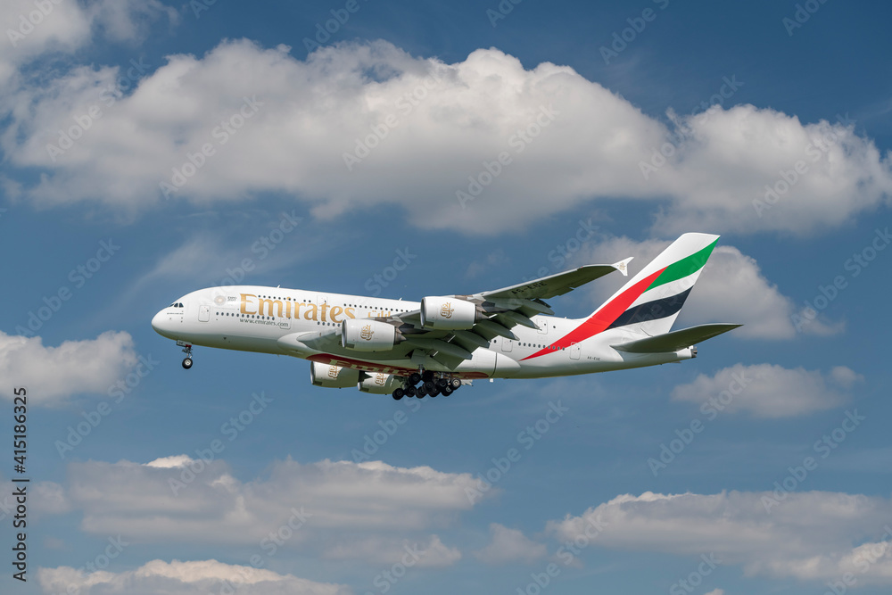 Emirates Airbus A380-800 with the aircraft registration A6-EUE in the ...