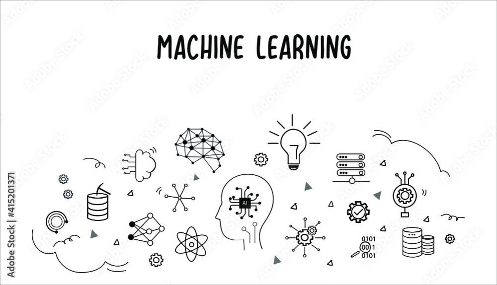 Machine learning vector banner with flat doodle icons showing learning ...