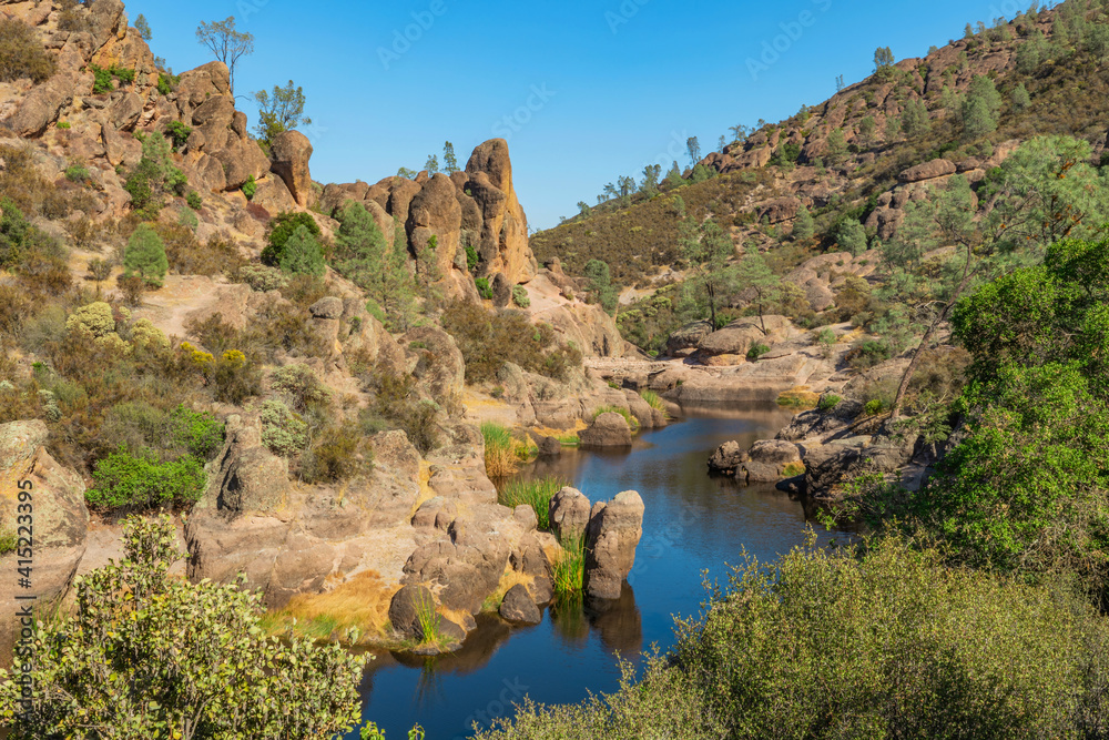 Lake Bear Gulch and rock formations in Pinnacles National Park in ...