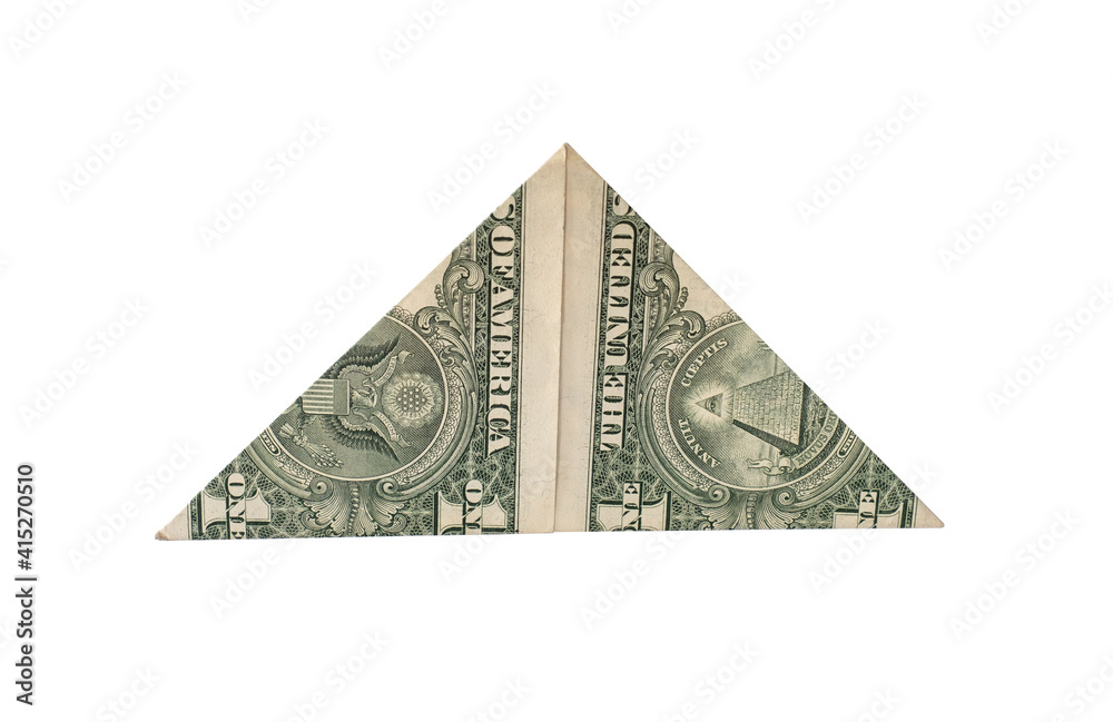 One dollar bill folded into a triangle isolated on white background ...