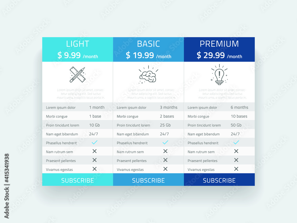 Vector price comparison table template design for business. Vector ...