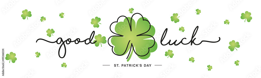 Good Luck St Patrick's Day handwritten typography lettering line design four leaf clover and ...