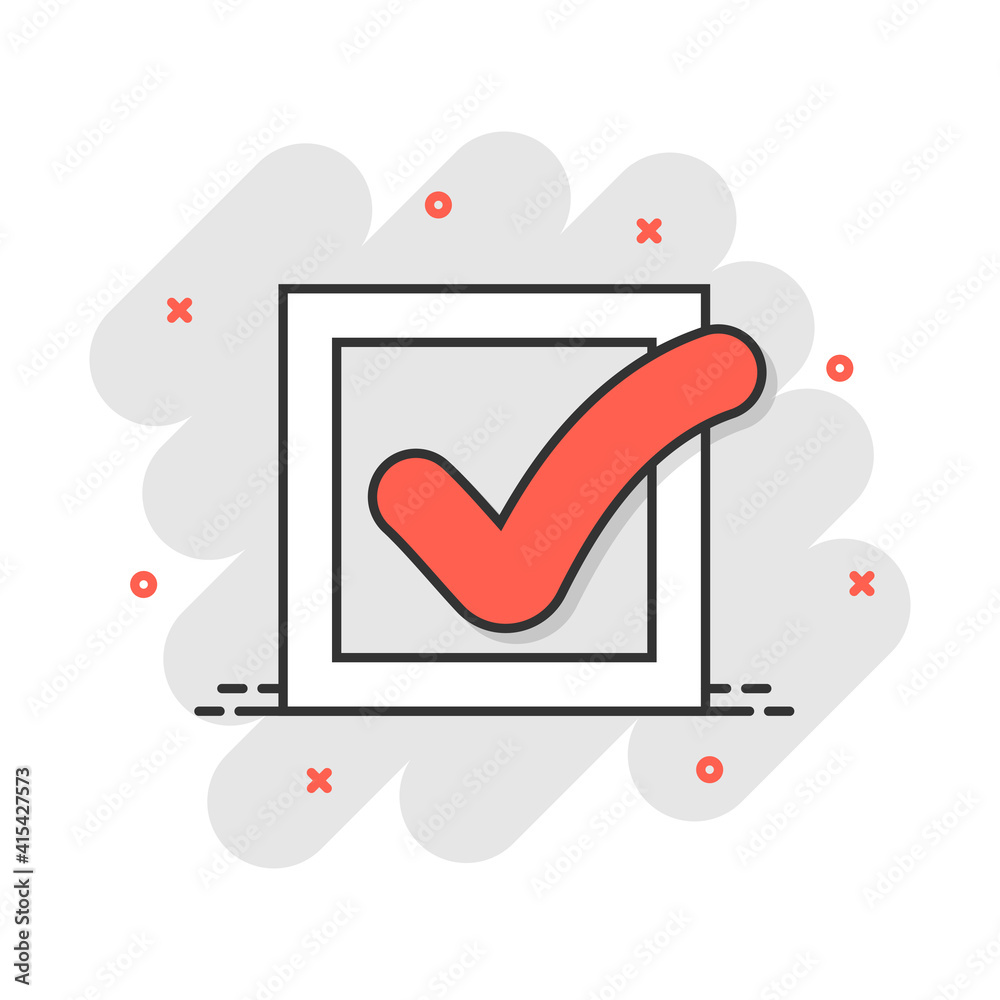 Cartoon check mark icon in comic style. Approved illustration pictogram ...