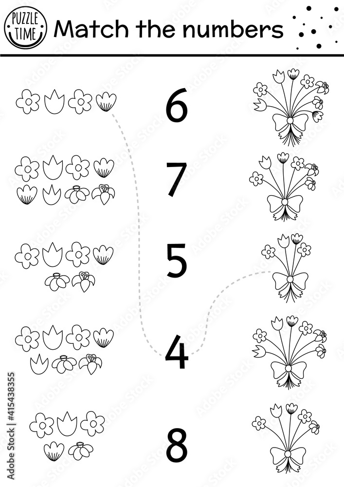 Easter black and white matching game with bouquet of spring flowers ...