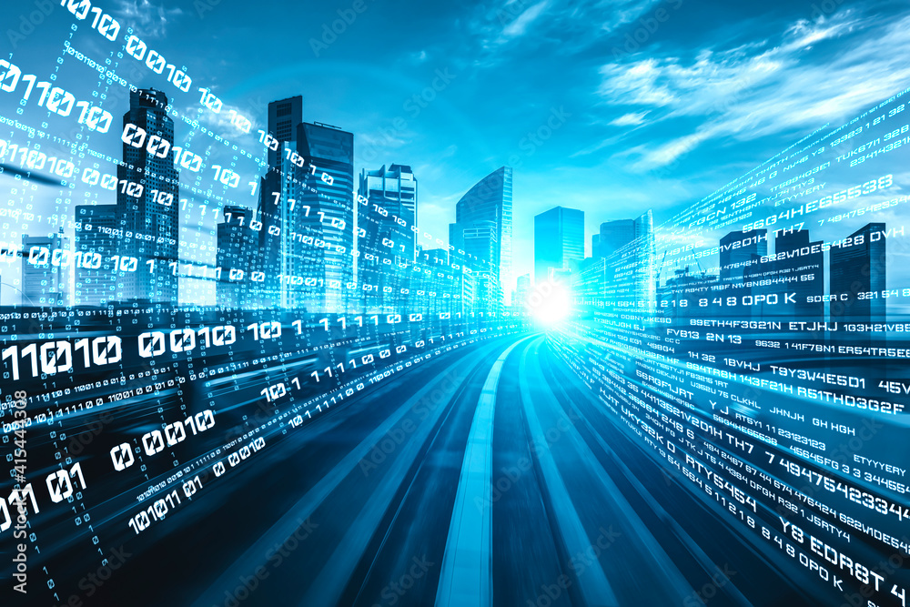 Digital data flow on road with motion blur to create vision of fast ...