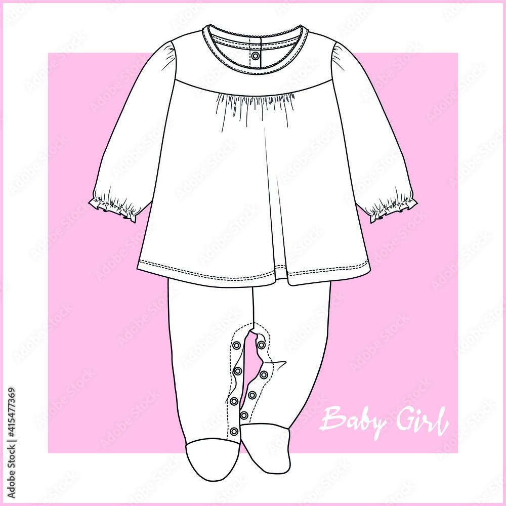 Baby girl clothing design. Baby wear flat sketch. vector illustration ...