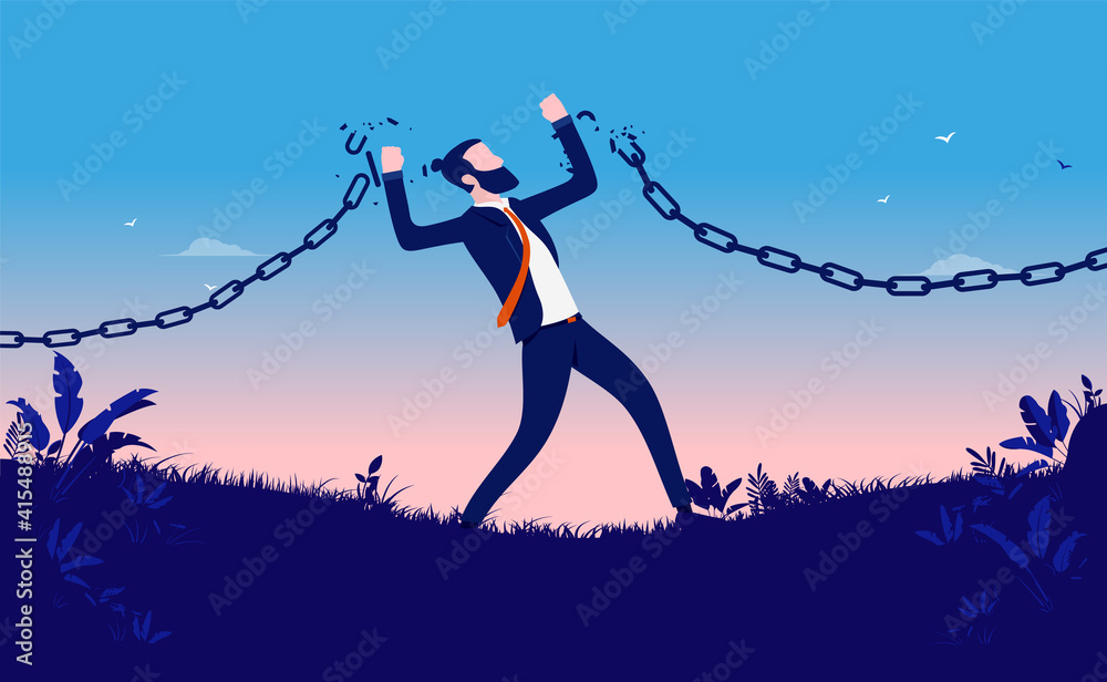Businessman breaking chains - Powerful man breaking free from shackles ...