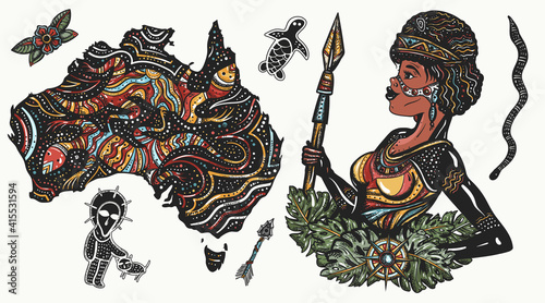 Ethnic Australian woman in traditional costume and map. Australia. Old ...