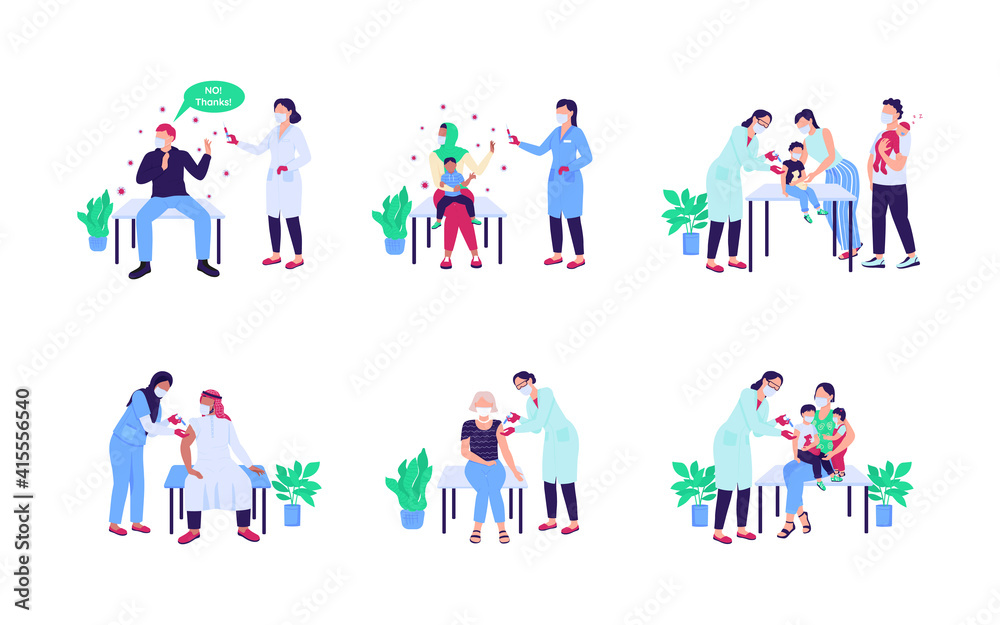 Patients receiving vaccine flat color vector faceless character set ...