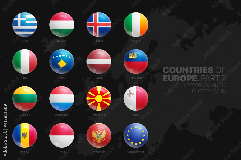 European Countries Flags Vector 3D Glossy Icons Set Isolated On Black ...