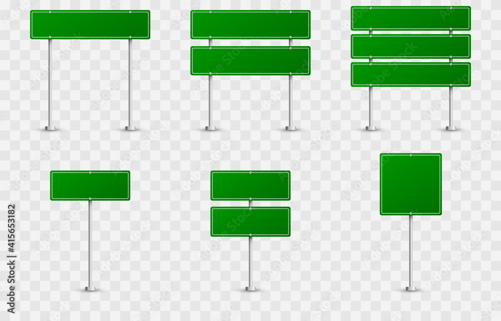 Vector set of road signs. Road signs on an isolated background. Green ...