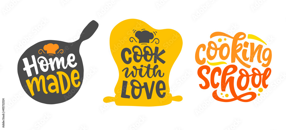 Cook with love, Home made bakery, culinary logotype set, hand written ...