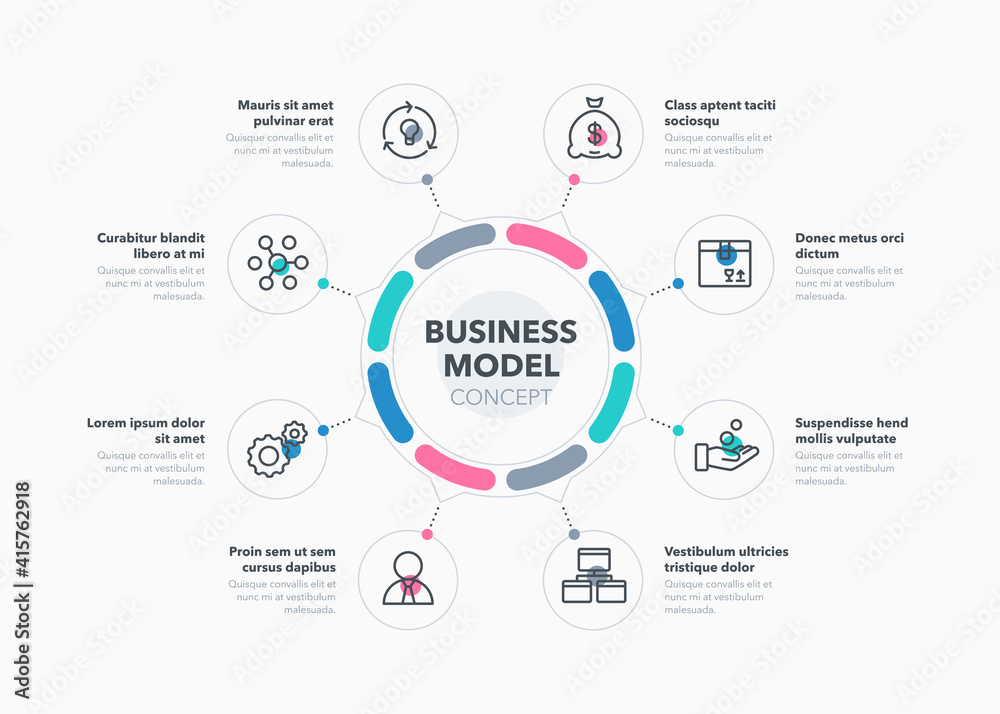 Simple concept for business model diagram with eight steps and place ...