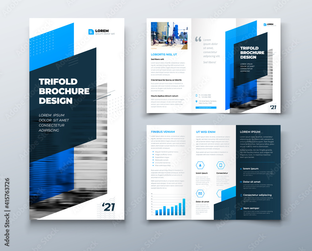 Tri fold blue brochure design with square shapes, corporate business ...