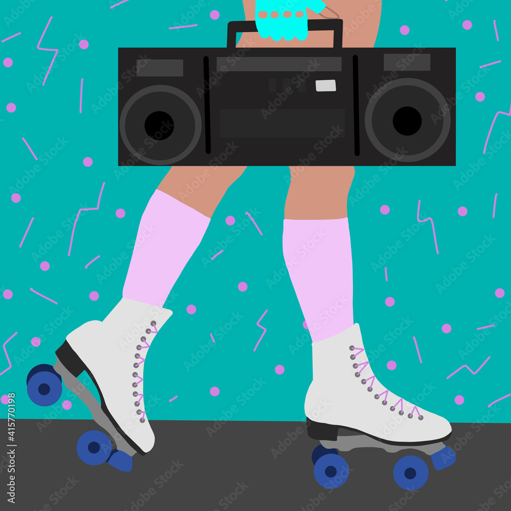 80s digital art poster. Girl in roller skates with cool gloves and ...