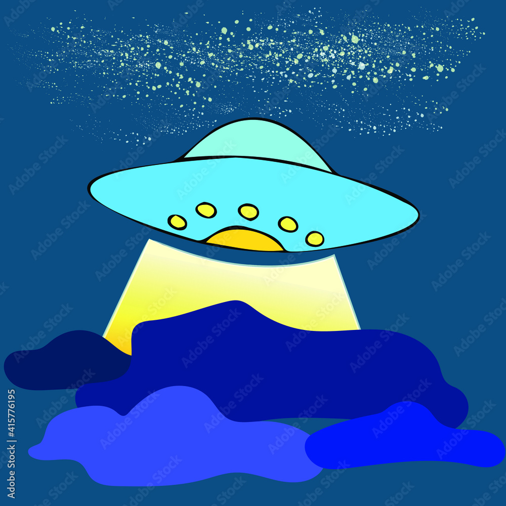 Cartoon UFO in the night sky among the clouds, flying saucer with ...