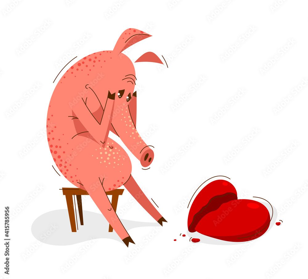 Funny cartoon pig upset and depressed sitting and crying because of ...