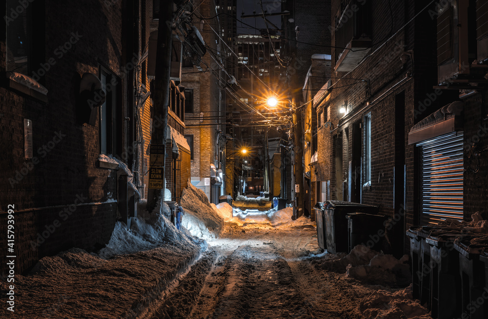 snow covered alley in the night Stock Photo | Adobe Stock