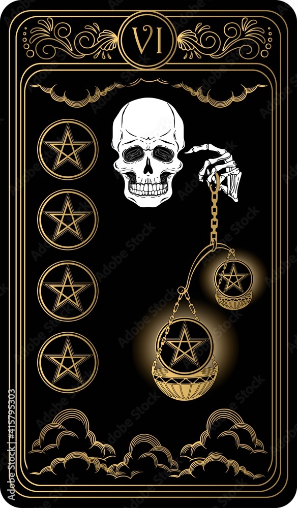Six of pentacles. Card of Minor arcana black and gold tarot cards ...