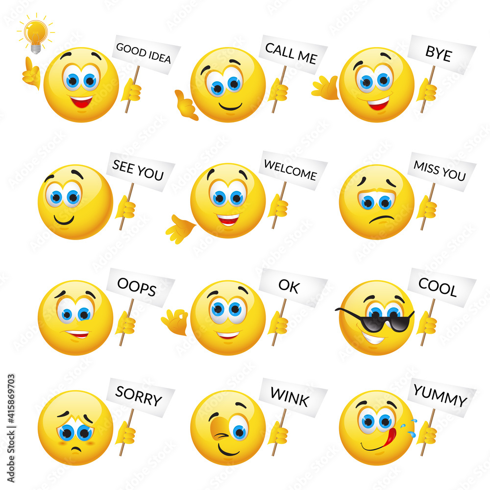 Set of Yellow emoticons and emojis. Vector illustration in realistic ...
