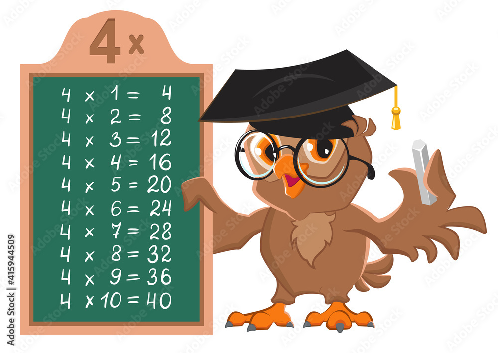 Math lesson multiplication table of 4 by numbers. Owl bird teacher at ...
