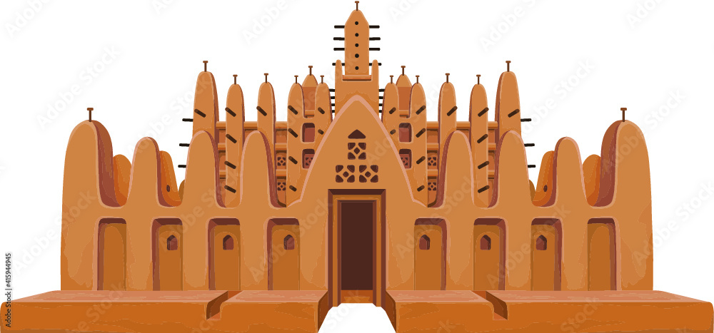African Architecture. The mosque from clay. The color drawing isolated ...