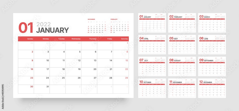 Monthly calendar template for 2022 year. Week Starts on Sunday. Wall ...