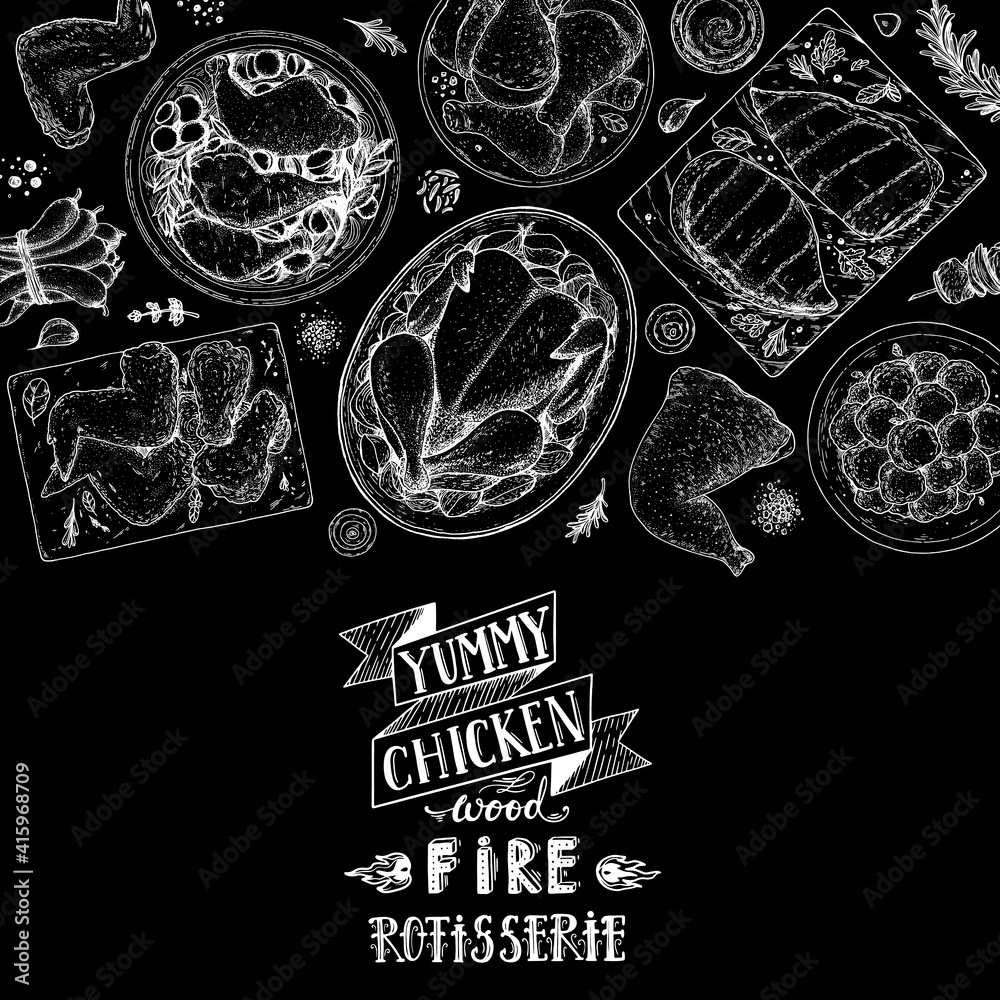 Chicken meat. Grilled and Fried chicken. Hand drawn sketch illustration ...