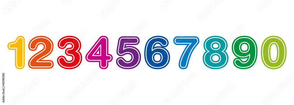 Rainbow colored numbers, from one to zero, with a white outline. Ten ...