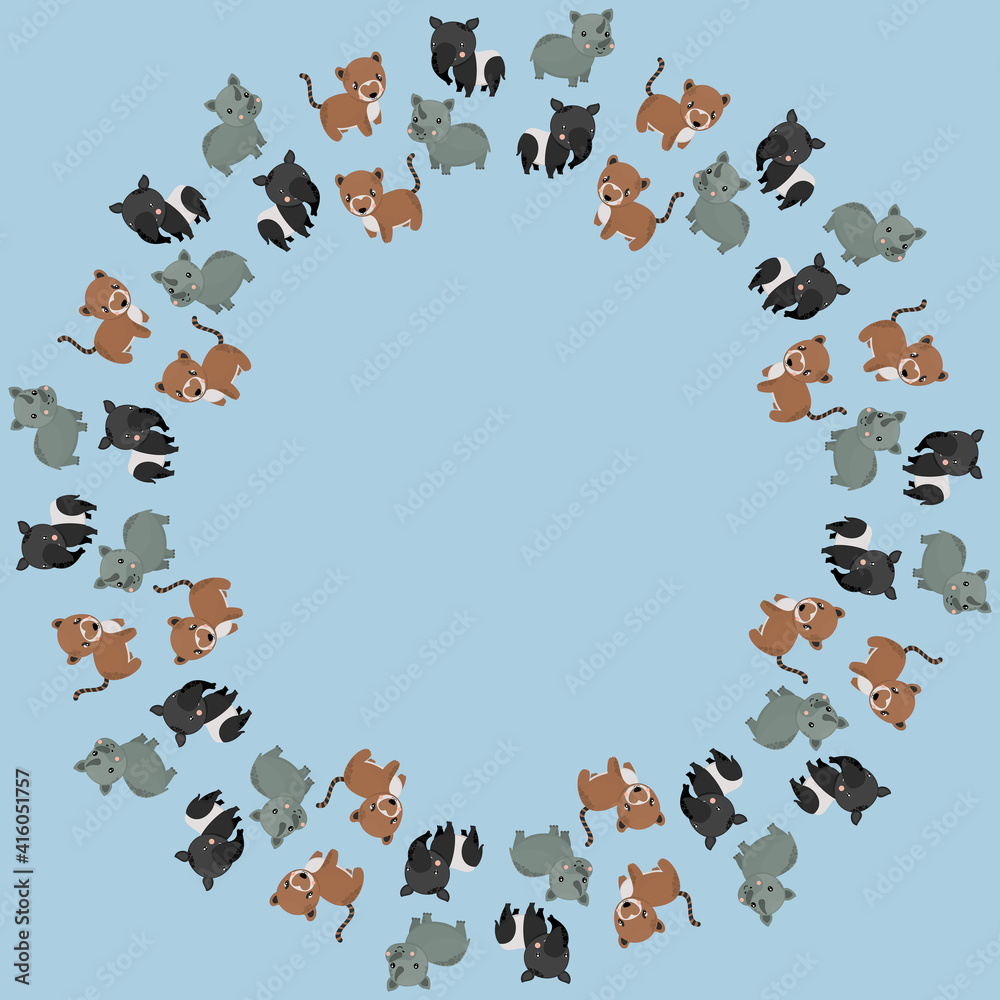 Round frame of cartoon adorable tapirs, South American noses, and ...