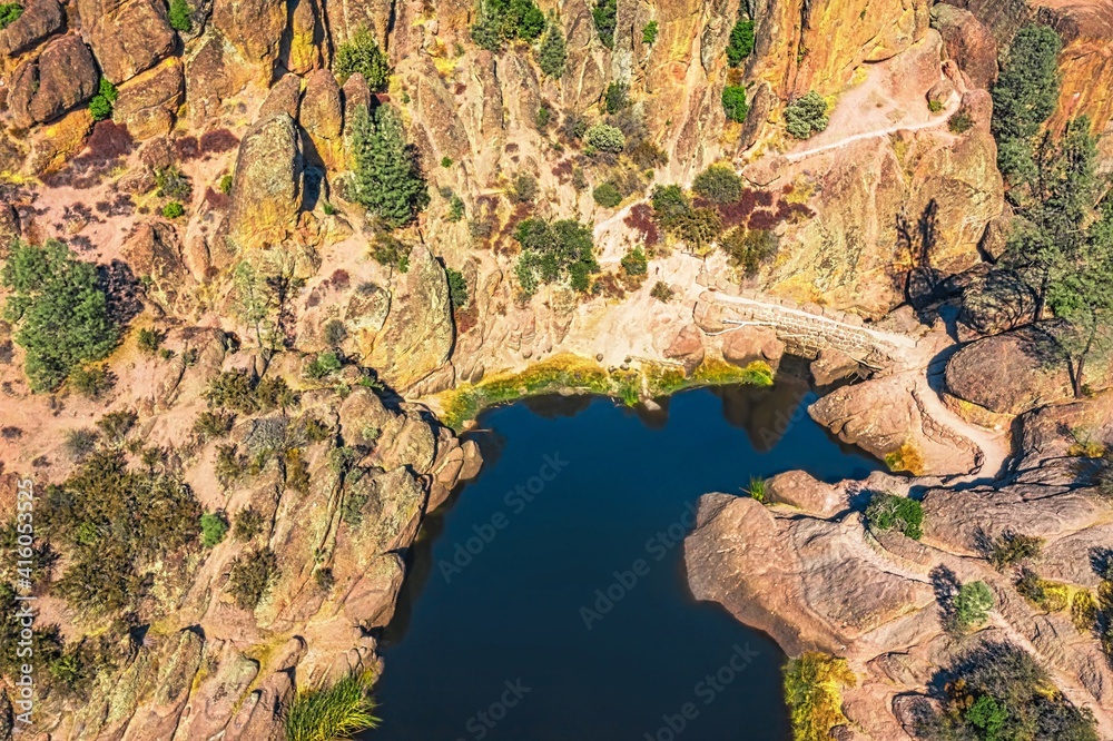 Aerial view of rock formations in Pinnacles National Park in California ...