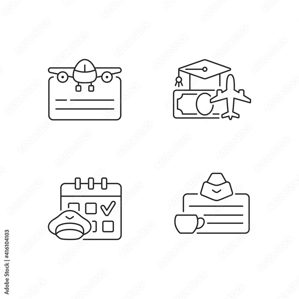Aviation linear icons set. Pilot training financing. Flight attendant ...