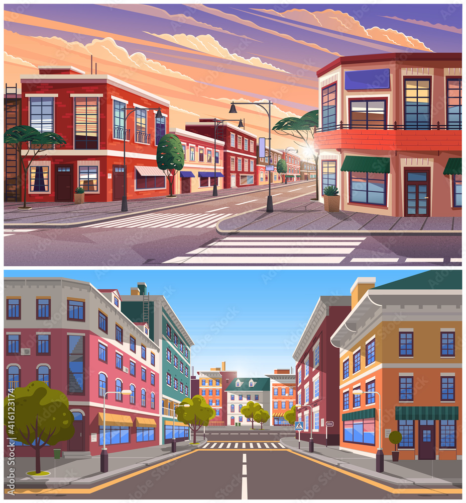 Street of town day and evening time lighting, historic urban area with ...