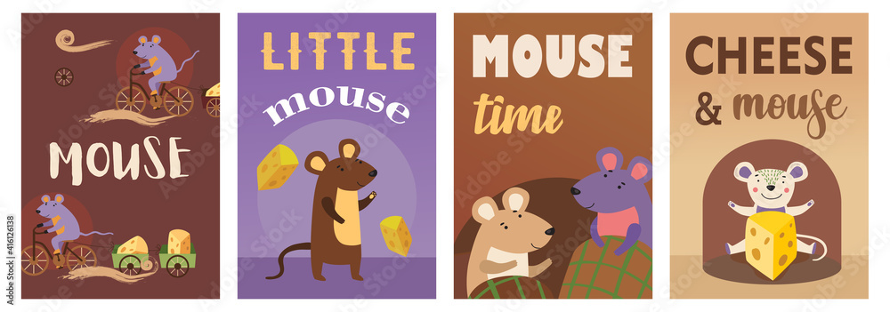 Trendy poster designs with cute mice. Vivid brochures with happy mouse ...