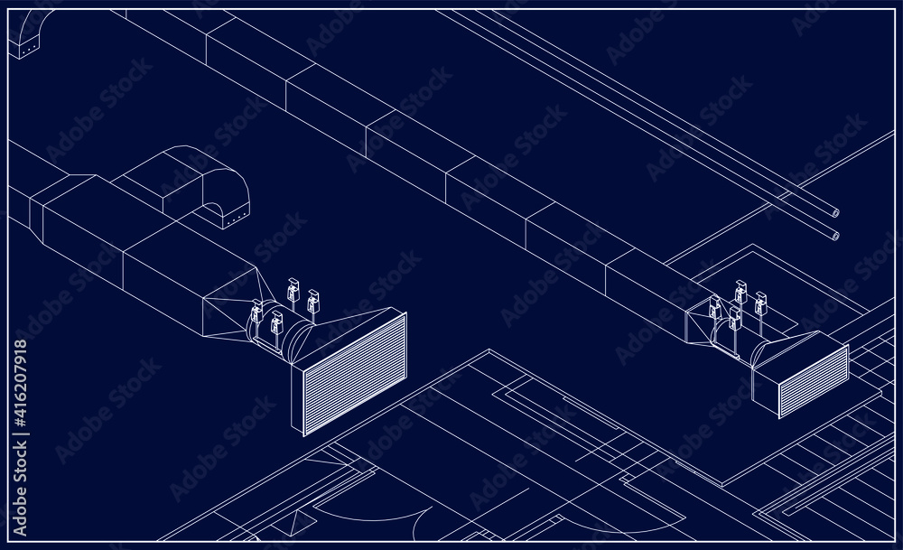 Architectural BIM ventilation ducts vector 3d illustration blueprint ...